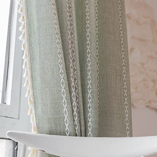 RoomTalks Sage Green Boho Farmhouse Curtains for Bedroom Living Room 84 Inch Length French Country Spring Cute Textured Window Curtain Panels Striped Bohemian Chic Tassel Draperies, 84’’L x 52’’W