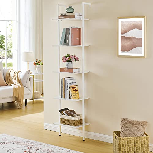 Tajsoon Industrial Bookcase, Ladder Shelf, 5-Tier Wood Wall Mounted Bookshelf with Stable Metal Frame, Storage Shelves for Bedroom, Home Office, Collection, White