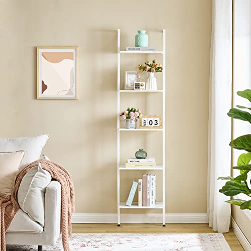 Tajsoon Industrial Bookcase, Ladder Shelf, 5-Tier Wood Wall Mounted Bookshelf with Stable Metal Frame, Storage Shelves for Bedroom, Home Office, Collection, White