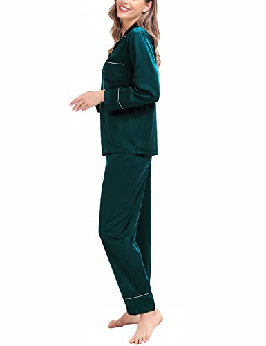 SWOMOG Women's Silk Satin Pajamas Loungewear Two-piece Sleepwear Button-Down Pj Set S-XXL Deep Green