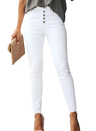 Sidefeel Womens High Waist Skinny Jeans Button Fly Raw Hem Elegant Denim Pants US4 White