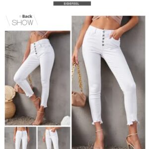 Sidefeel Womens High Waist Skinny Jeans Button Fly Raw Hem Elegant Denim Pants US4 White