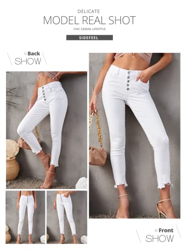 Sidefeel Womens High Waist Skinny Jeans Button Fly Raw Hem Elegant Denim Pants US4 White