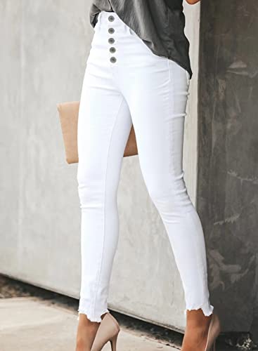 Sidefeel Womens High Waist Skinny Jeans Button Fly Raw Hem Elegant Denim Pants US4 White