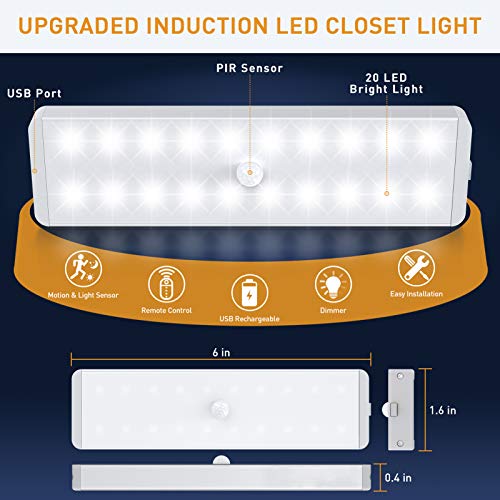 LED Closet Light with Charging Station, 20LEDs Dimmer Rechargeable Motion Sensor Under Cabinet Lighting with Remote Control, Wireless Stick-Anywhere Night Safe Light Bar for Wardrobe,Kitchen-5 Pcs