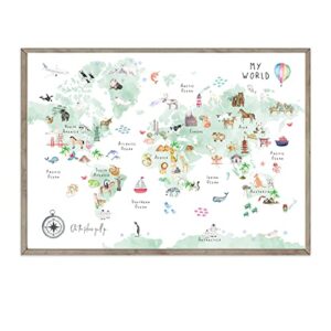 joocrise green kids world map wall art animal map canvas wall art educational wall art nursery wall decor world map poster childrens room decor playroom prints 16x24 inch unframed