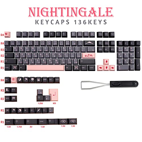 MOLGRIA Keycaps 136 Set Night Sakura for Full Sized Keyboard, Custom PBT Cherry Profile Key Caps Japanese Style with Keycap Puller for Cherry MX 104/87/68/61 60 Percent ANSI/ISO Layout Keyboard