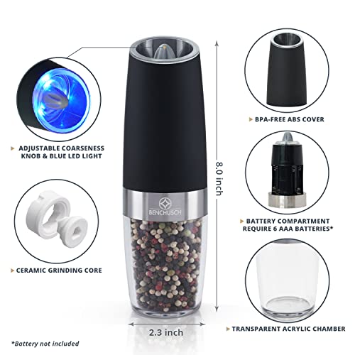 Electric Gravity Salt and Pepper Grinder Set - Automatic Pepper and Salt Mills - 02 Battery Powered Shakers with Blue LED Lights - One Hand Operated - Refillable and Adjustable Coarseness (2xBlack)