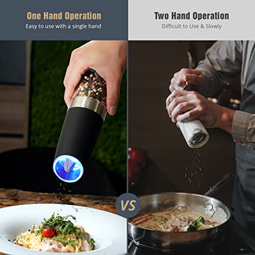 Electric Gravity Salt and Pepper Grinder Set - Automatic Pepper and Salt Mills - 02 Battery Powered Shakers with Blue LED Lights - One Hand Operated - Refillable and Adjustable Coarseness (2xBlack)