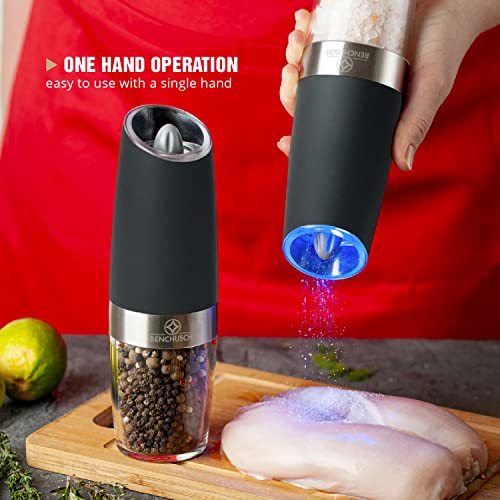 Electric Gravity Salt and Pepper Grinder Set - Automatic Pepper and Salt Mills - 02 Battery Powered Shakers with Blue LED Lights - One Hand Operated - Refillable and Adjustable Coarseness (2xBlack)