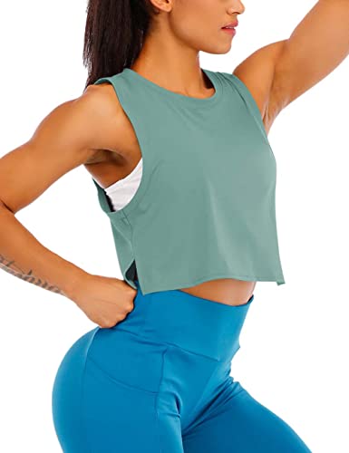 HIOINIEIY Womens Crop Top Workout Cropped Shirts Muscle Tank Athletic Gym Exercise Clothes Light Green L