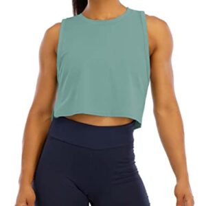 HIOINIEIY Womens Crop Top Workout Cropped Shirts Muscle Tank Athletic Gym Exercise Clothes Light Green L