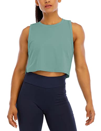 HIOINIEIY Womens Crop Top Workout Cropped Shirts Muscle Tank Athletic Gym Exercise Clothes Light Green L