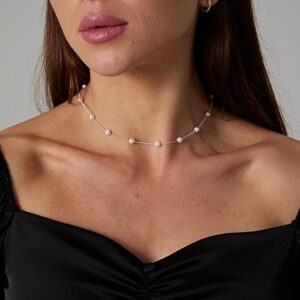 CAROVO Dainty Pearl Choker Necklace for Women Silver Plated Barque Pearl Chain Necklace Handmade Cultured Freshwater Pearl Everyday Jewelry for Gifts