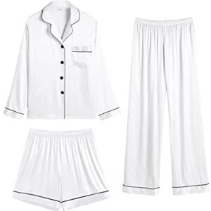 SWOMOG Women 3 Pcs Satin Pajamas Set Silk Long Sleeve Sleepwear Button Down Loungewear Pjs with Shorts & Pants White