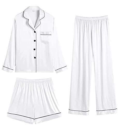 SWOMOG Women 3 Pcs Satin Pajamas Set Silk Long Sleeve Sleepwear Button Down Loungewear Pjs with Shorts & Pants White