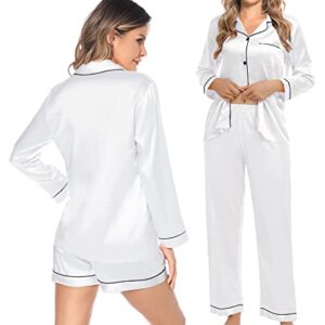 SWOMOG Women 3 Pcs Satin Pajamas Set Silk Long Sleeve Sleepwear Button Down Loungewear Pjs with Shorts & Pants White