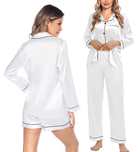 SWOMOG Women 3 Pcs Satin Pajamas Set Silk Long Sleeve Sleepwear Button Down Loungewear Pjs with Shorts & Pants White