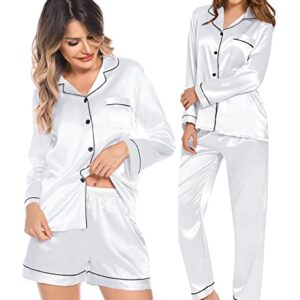 SWOMOG Women 3 Pcs Satin Pajamas Set Silk Long Sleeve Sleepwear Button Down Loungewear Pjs with Shorts & Pants White