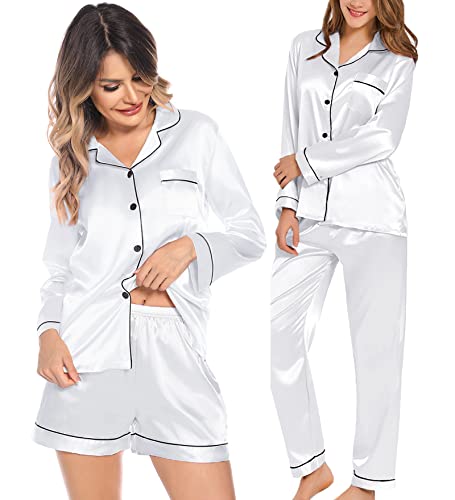 SWOMOG Women 3 Pcs Satin Pajamas Set Silk Long Sleeve Sleepwear Button Down Loungewear Pjs with Shorts & Pants White