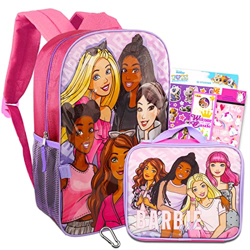 Barbie Backpack and Lunch Box for Kids - 6 Pc Bundle with 16" Barbie Backpack, Lunch Bag, Stickers, Backpack Clip, More (Barbie School Supplies)