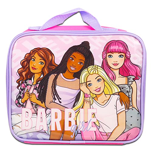 Barbie Backpack and Lunch Box for Kids - 6 Pc Bundle with 16" Barbie Backpack, Lunch Bag, Stickers, Backpack Clip, More (Barbie School Supplies)