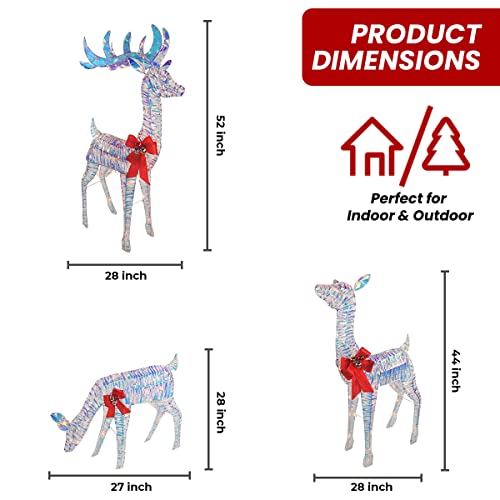 3-Piece Iridescent Reindeer Family - Lighted Deer Set - 210 Lights 52" Buck 44" Doe 28" Fawn - Large Deer Family for Indoor or Outdoor Christmas Decorations Yard Art (Iridescent Deer Set)