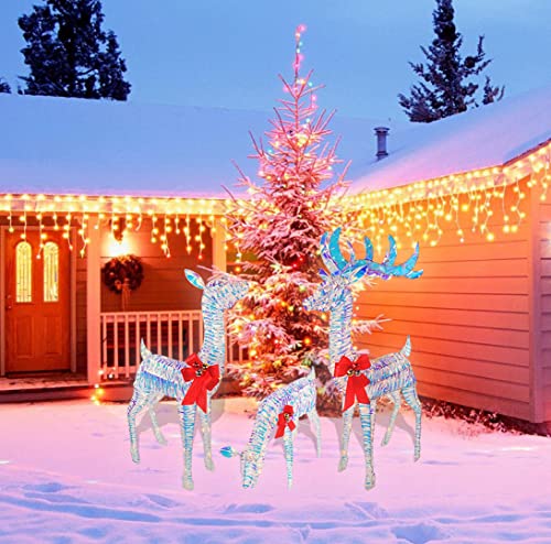 3-Piece Iridescent Reindeer Family - Lighted Deer Set - 210 Lights 52" Buck 44" Doe 28" Fawn - Large Deer Family for Indoor or Outdoor Christmas Decorations Yard Art (Iridescent Deer Set)