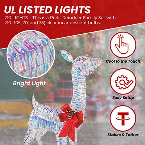 3-Piece Iridescent Reindeer Family - Lighted Deer Set - 210 Lights 52" Buck 44" Doe 28" Fawn - Large Deer Family for Indoor or Outdoor Christmas Decorations Yard Art (Iridescent Deer Set)