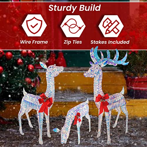 3-Piece Iridescent Reindeer Family - Lighted Deer Set - 210 Lights 52" Buck 44" Doe 28" Fawn - Large Deer Family for Indoor or Outdoor Christmas Decorations Yard Art (Iridescent Deer Set)