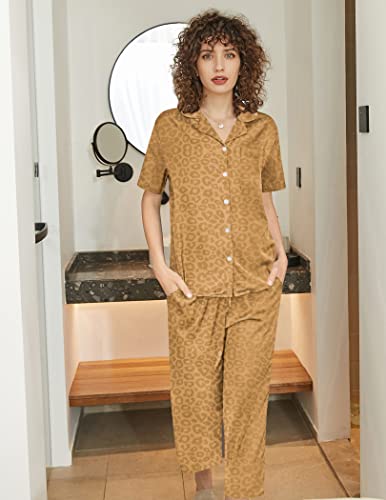 Ekouaer Womens Satin Pj Silk Pajama Comfy Classic Satin Pajamas Button Down Lounge Sets V-neck Pajamas with 2 Pockets Light Brown Leopard Print Large