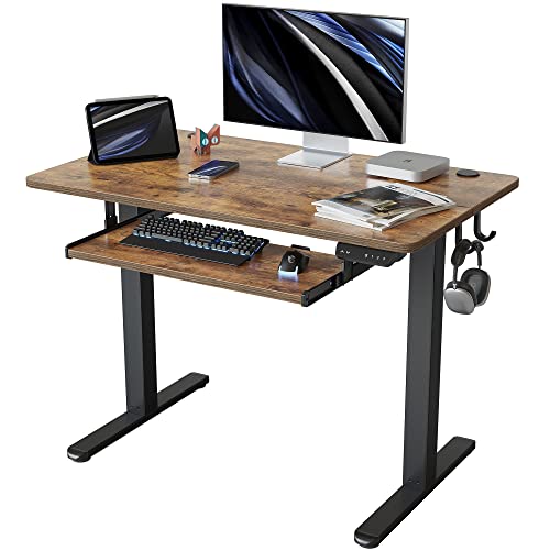 FEZIBO Height Adjustable Electric Standing Desk with Keyboard Tray, 40 x 24 Inches Sit Stand up Desk with Splice Board, Black Frame/Rustic Brown Top