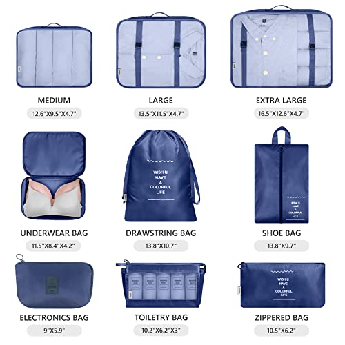 Luggage Organizer, Mossio Set of 9 Compact Foldable Travel Bag for Carry On Suitcase Navy Blue