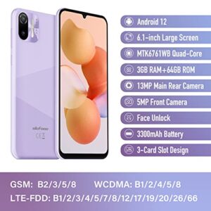 Ulefone Latest Android 12 Unlocked Smartphone, Note 6T (2022), 3GB+64GB, Triple Card Slots, 6.1" Waterdrop Full- Screen Dual 4G Unlocked Cell Phones, AI Camera 13MP+5MP, 3300mAh, Face Unlock - Purple