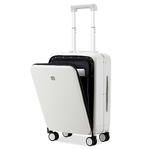 Hanke 20 Inch Carry On Luggage with Front Pocket Aluminum Frame （Can Not Open in The Middle） Hard Shell Suitcases with Wheels Rolling Luggage Suitcase with Lock Travel Luggage for Weekender-Smoke White