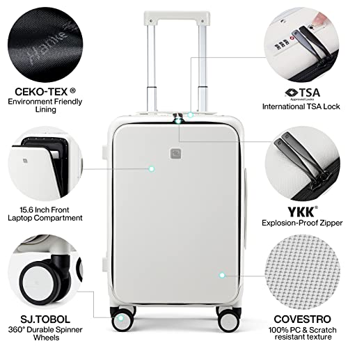 Hanke 20 Inch Carry On Luggage with Front Pocket Aluminum Frame （Can Not Open in The Middle） Hard Shell Suitcases with Wheels Rolling Luggage Suitcase with Lock Travel Luggage for Weekender-Smoke White