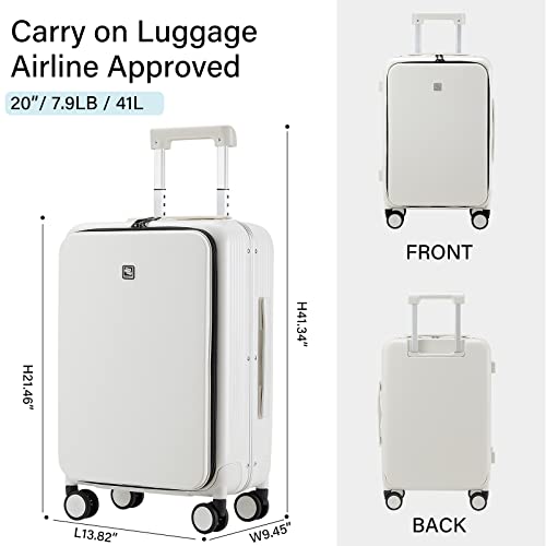 Hanke 20 Inch Carry On Luggage with Front Pocket Aluminum Frame （Can Not Open in The Middle） Hard Shell Suitcases with Wheels Rolling Luggage Suitcase with Lock Travel Luggage for Weekender-Smoke White