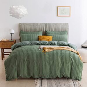 jellymoni green duvet cover king size - 3pcs microfiber , boho striped tufted textured duvet cover with corner ties & zipper closure