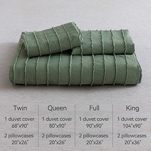 JELLYMONI Green Duvet Cover King Size - 3PCS Microfiber , Boho Striped Tufted Textured Duvet Cover with Corner Ties & Zipper Closure