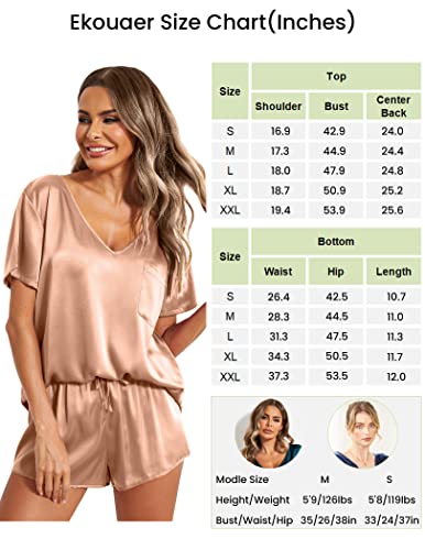 Ekouaer Silk Pajamas Women's Short Sleeve 2 Piece Satin Pjs Comfy Cozy Sleepwear Loungewear Set (Rose Pink,M)