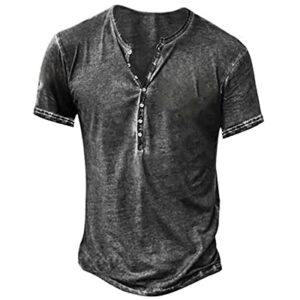 Mens Short Sleeve Henley Shirts Distressed Vintage Tee Shirts Casual Button Down Washed T-Shirts for Men