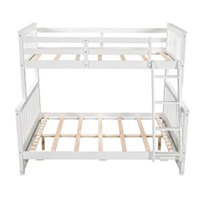 TRIPLE TREE Twin Over Full Bunk Bed with Ladder, Two Storage Drawers and Safety Guardrails, Solid Wood Bunk Beds Wooden Bed Frame for Teens, Adults, Can be Separate into 2 Single Beds, White