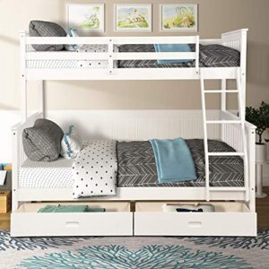 triple tree twin over full bunk bed with ladder, two storage drawers and safety guardrails, solid wood bunk beds wooden bed frame for teens, adults, can be separate into 2 single beds, white