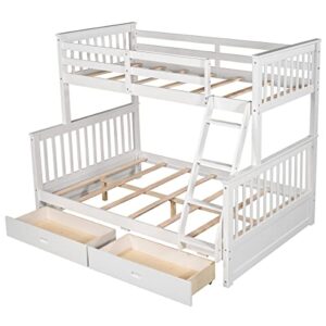 TRIPLE TREE Twin Over Full Bunk Bed with Ladder, Two Storage Drawers and Safety Guardrails, Solid Wood Bunk Beds Wooden Bed Frame for Teens, Adults, Can be Separate into 2 Single Beds, White