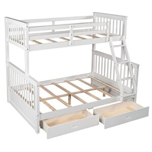 TRIPLE TREE Twin Over Full Bunk Bed with Ladder, Two Storage Drawers and Safety Guardrails, Solid Wood Bunk Beds Wooden Bed Frame for Teens, Adults, Can be Separate into 2 Single Beds, White