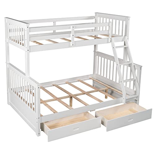 TRIPLE TREE Twin Over Full Bunk Bed with Ladder, Two Storage Drawers and Safety Guardrails, Solid Wood Bunk Beds Wooden Bed Frame for Teens, Adults, Can be Separate into 2 Single Beds, White