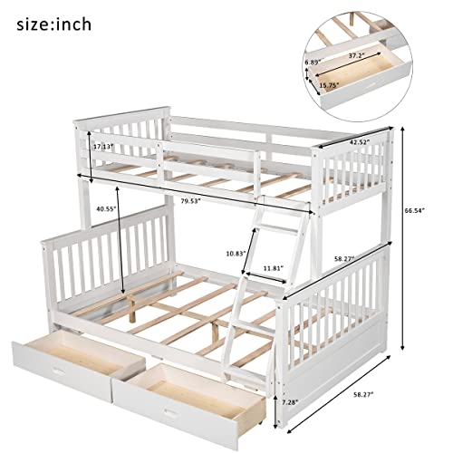 TRIPLE TREE Twin Over Full Bunk Bed with Ladder, Two Storage Drawers and Safety Guardrails, Solid Wood Bunk Beds Wooden Bed Frame for Teens, Adults, Can be Separate into 2 Single Beds, White