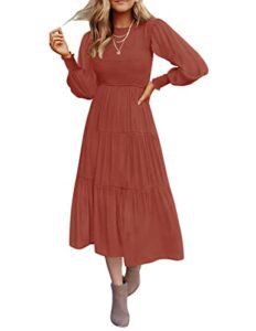 zesica women's 2023 casual long sleeve crew neck high waist smocked flowy tiered midi dress,rust,medium