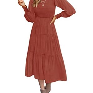 ZESICA Women's 2023 Casual Long Sleeve Crew Neck High Waist Smocked Flowy Tiered Midi Dress,Rust,Medium