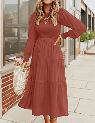 ZESICA Women's 2023 Casual Long Sleeve Crew Neck High Waist Smocked Flowy Tiered Midi Dress,Rust,Medium